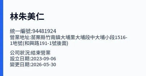 林朱美仁的照片-統編 94481924(苗栗縣) 公司登記資料與營業項目詳細圖表