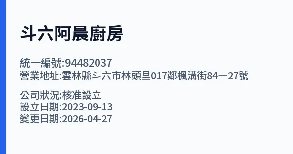 斗六阿晨廚房的照片-統編 94482037(雲林縣) 公司登記資料與營業項目詳細圖表
