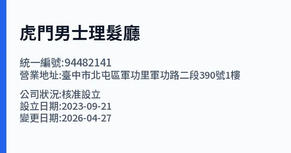 虎門男士理髮廳的照片-統編 94482141(臺中市) 公司登記資料與營業項目詳細圖表