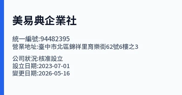 美易典企業社的照片-統編 94482395(臺中市) 公司登記資料與營業項目詳細圖表
