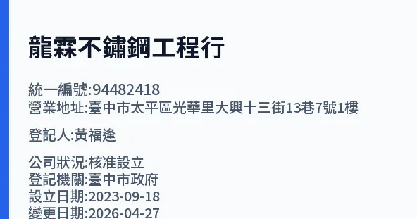 龍霖不鏽鋼工程行的照片-統編 94482418(臺中市) 公司登記資料與營業項目詳細圖表