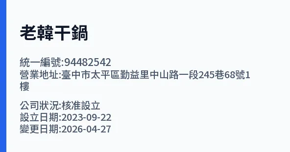 老韓干鍋的照片-統編 94482542(臺中市) 公司登記資料與營業項目詳細圖表