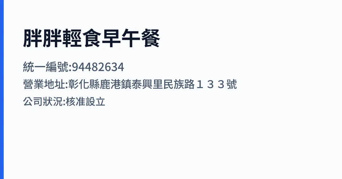胖胖輕食早午餐 - 統編 94482634(彰化縣) 公司登記資料與營業項目詳細圖表