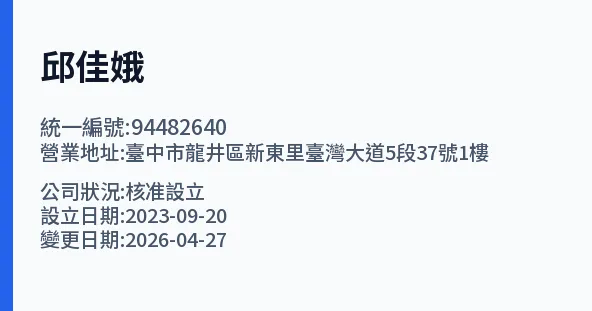 邱佳娥的照片-統編 94482640(臺中市) 公司登記資料與營業項目詳細圖表