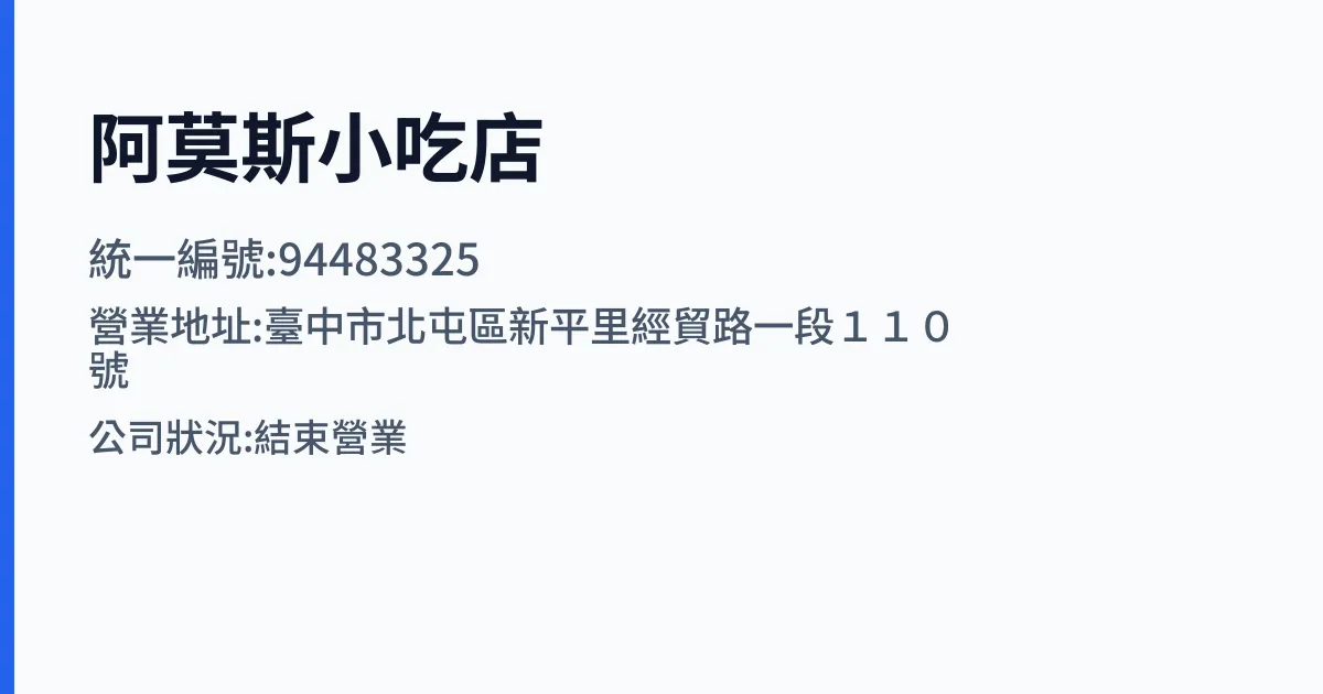 阿莫斯小吃店 - 統編 94483325(臺中市) 公司登記資料與營業項目詳細圖表