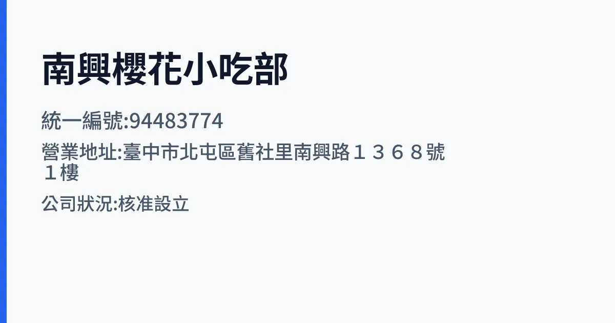 南興櫻花小吃部 - 統編 94483774(臺中市) 公司登記資料與營業項目詳細圖表