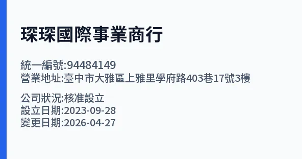 琛琛國際事業商行的照片-統編 94484149(臺中市) 公司登記資料與營業項目詳細圖表