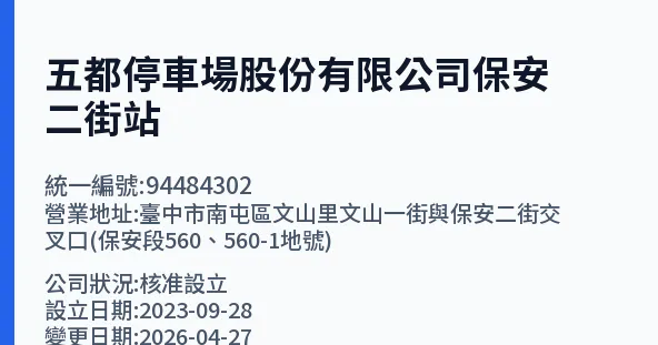 五都停車場股份有限公司保安二街站的照片-統編 94484302(臺中市) 公司登記資料與營業項目詳細圖表