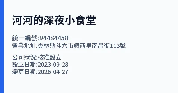 河河的深夜小食堂的照片-統編 94484458(雲林縣) 公司登記資料與營業項目詳細圖表