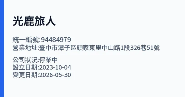 光鹿旅人的照片-統編 94484979(臺中市) 公司登記資料與營業項目詳細圖表