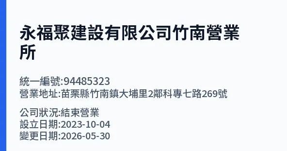 永福聚建設有限公司竹南營業所的照片-統編 94485323(苗栗縣) 公司登記資料與營業項目詳細圖表