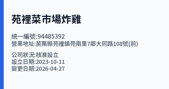 苑裡菜市場炸雞的照片-統編 94485392(苗栗縣) 公司登記資料與營業項目詳細圖表