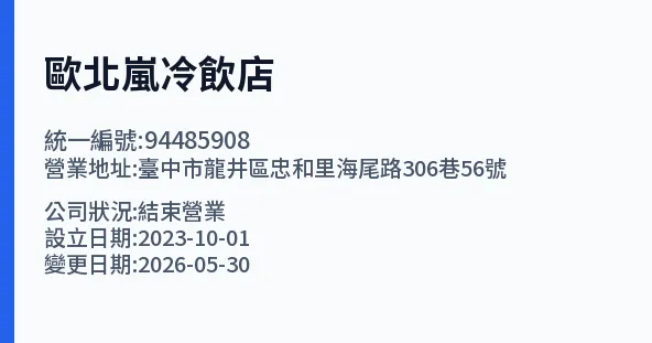 歐北嵐冷飲店的照片-統編 94485908(臺中市) 公司登記資料與營業項目詳細圖表