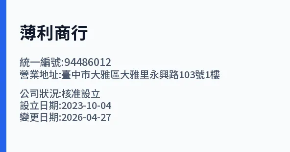 薄利商行的照片-統編 94486012(臺中市) 公司登記資料與營業項目詳細圖表