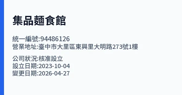 集品麵食館的照片-統編 94486126(臺中市) 公司登記資料與營業項目詳細圖表