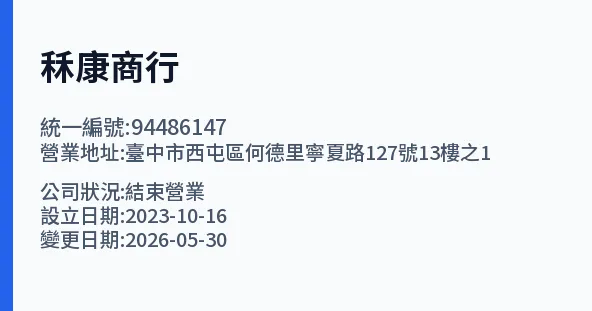 秝康商行的照片-統編 94486147(臺中市) 公司登記資料與營業項目詳細圖表
