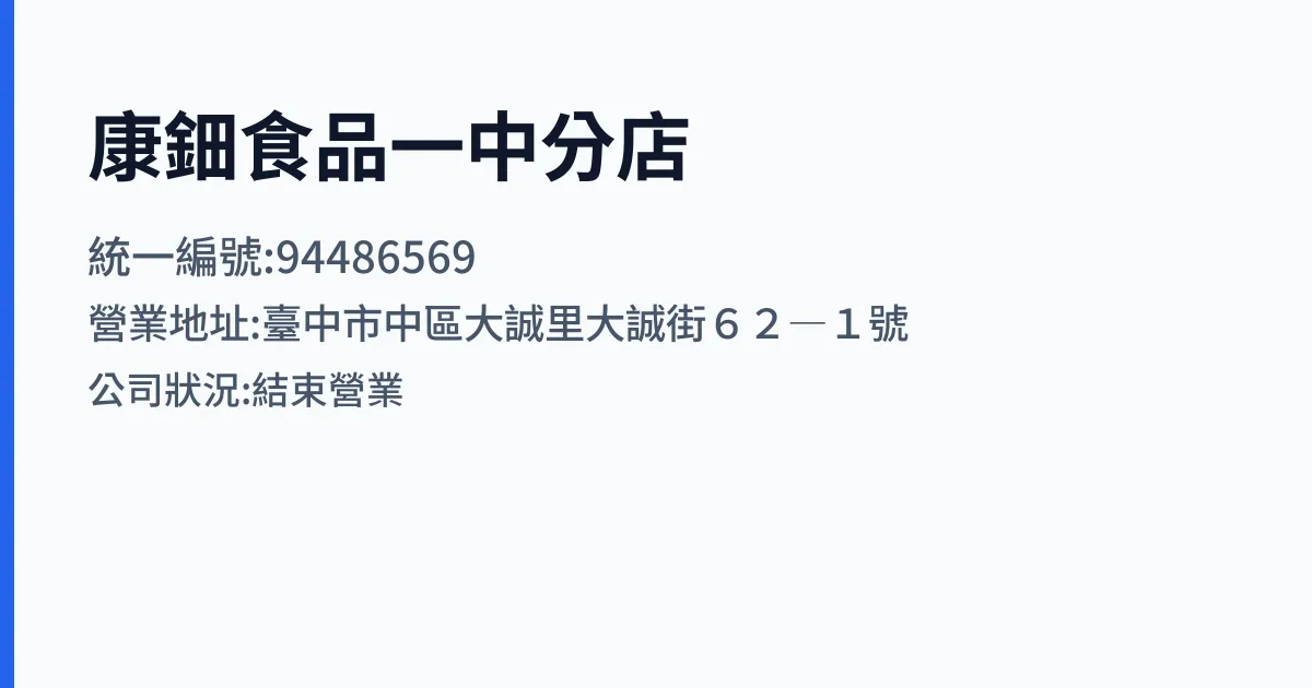 康鈿食品一中分店 - 統編 94486569(臺中市) 公司登記資料與營業項目詳細圖表