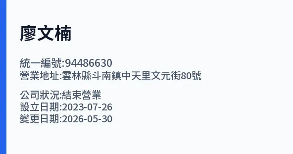 廖文楠的照片-統編 94486630(雲林縣) 公司登記資料與營業項目詳細圖表