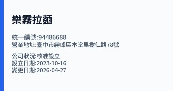 樂霧拉麵的照片-統編 94486688(臺中市) 公司登記資料與營業項目詳細圖表