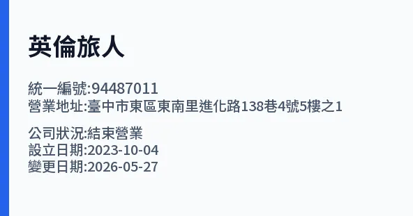 英倫旅人的照片-統編 94487011(臺中市) 公司登記資料與營業項目詳細圖表