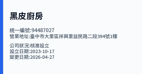 黑皮廚房的照片-統編 94487027(臺中市) 公司登記資料與營業項目詳細圖表
