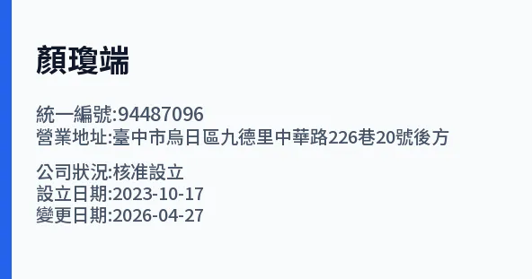 顏瓊端的照片-統編 94487096(臺中市) 公司登記資料與營業項目詳細圖表