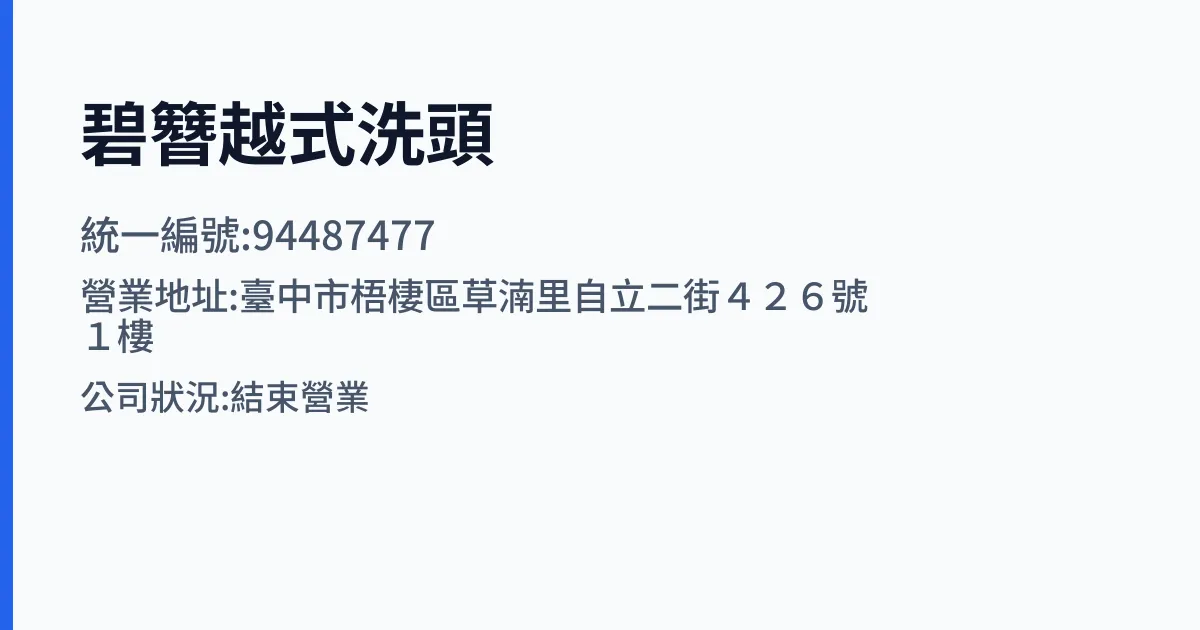 碧簪越式洗頭 - 統編 94487477(臺中市) 公司登記資料與營業項目詳細圖表
