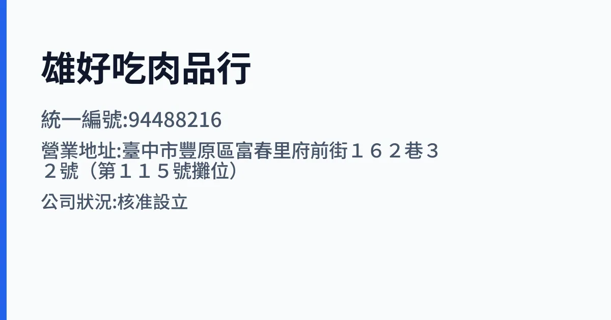 雄好吃肉品行 - 統編 94488216(臺中市) 公司登記資料與營業項目詳細圖表