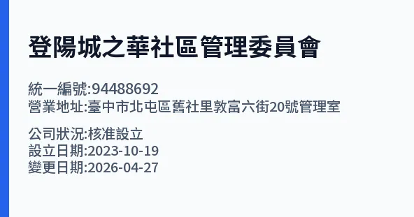 登陽城之華社區管理委員會的照片-統編 94488692(臺中市) 公司登記資料與營業項目詳細圖表