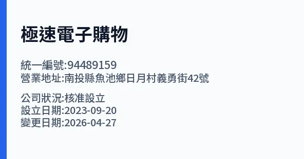 極速電子購物的照片-統編 94489159(南投縣) 公司登記資料與營業項目詳細圖表