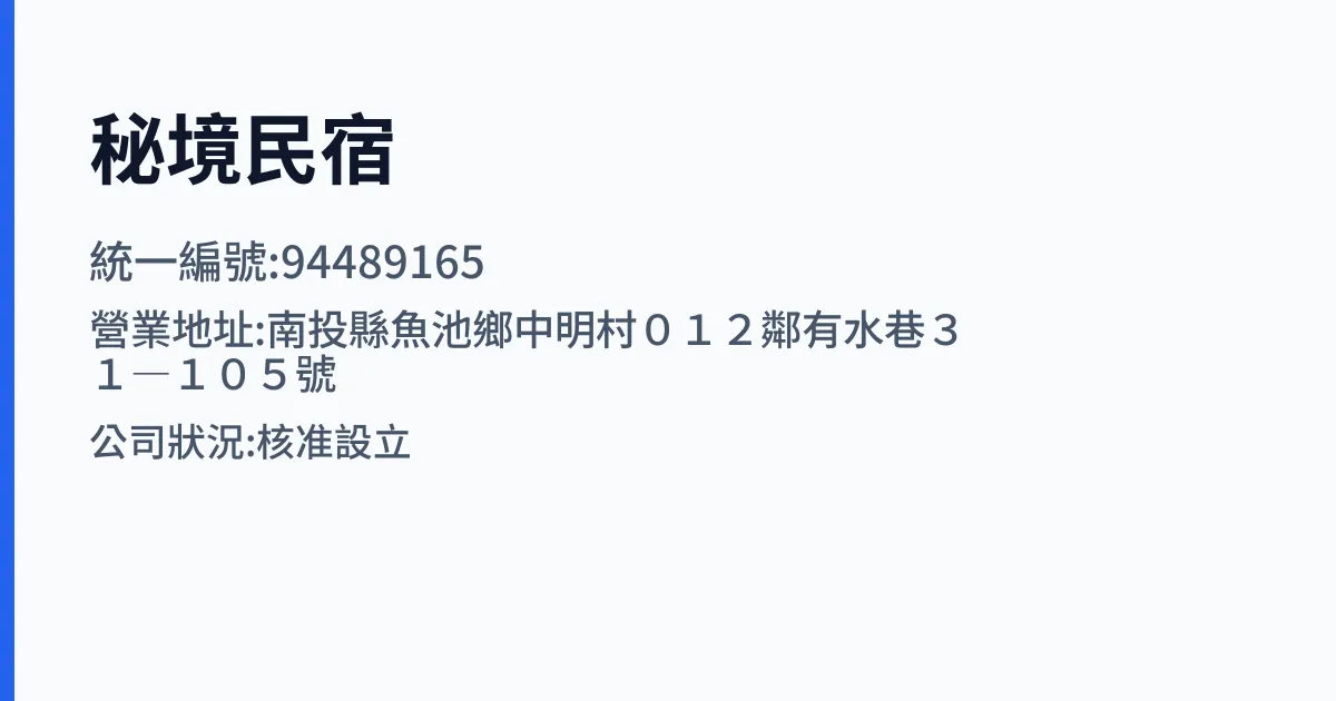 秘境民宿 - 統編 94489165(南投縣) 公司登記資料與營業項目詳細圖表