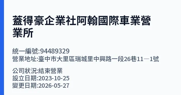 蓋得豪企業社阿翰國際車業營業所的照片-統編 94489329(臺中市) 公司登記資料與營業項目詳細圖表