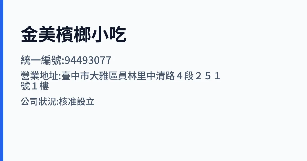 金美檳榔小吃 - 統編 94493077（臺中市） 公司登記資料與營業項目詳細圖表