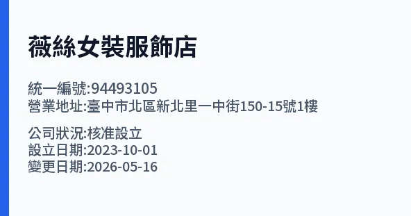 薇絲女裝服飾店的照片-統編 94493105(臺中市) 公司登記資料與營業項目詳細圖表