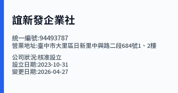 誼新發企業社的照片-統編 94493787(臺中市) 公司登記資料與營業項目詳細圖表