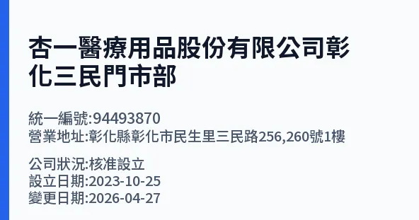 杏一醫療用品股份有限公司彰化三民門市部的照片-統編 94493870(彰化縣) 公司登記資料與營業項目詳細圖表