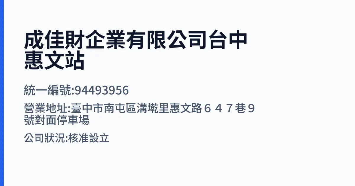 成佳財企業有限公司台中惠文站 - 統編 94493956(臺中市) 公司登記資料與營業項目詳細圖表