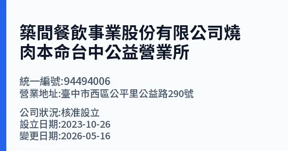 築間餐飲事業股份有限公司燒肉本命台中公益營業所的照片-統編 94494006(臺中市) 公司登記資料與營業項目詳細圖表