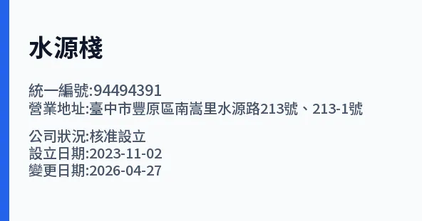 水源棧的照片-統編 94494391(臺中市) 公司登記資料與營業項目詳細圖表