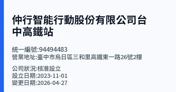 仲行智能行動股份有限公司台中高鐵站的照片-統編 94494483(臺中市) 公司登記資料與營業項目詳細圖表