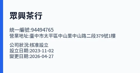 眾興茶行的照片-統編 94494765(臺中市) 公司登記資料與營業項目詳細圖表