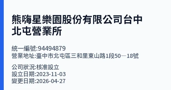 熊嗨星樂園股份有限公司台中北屯營業所的照片-統編 94494879(臺中市) 公司登記資料與營業項目詳細圖表