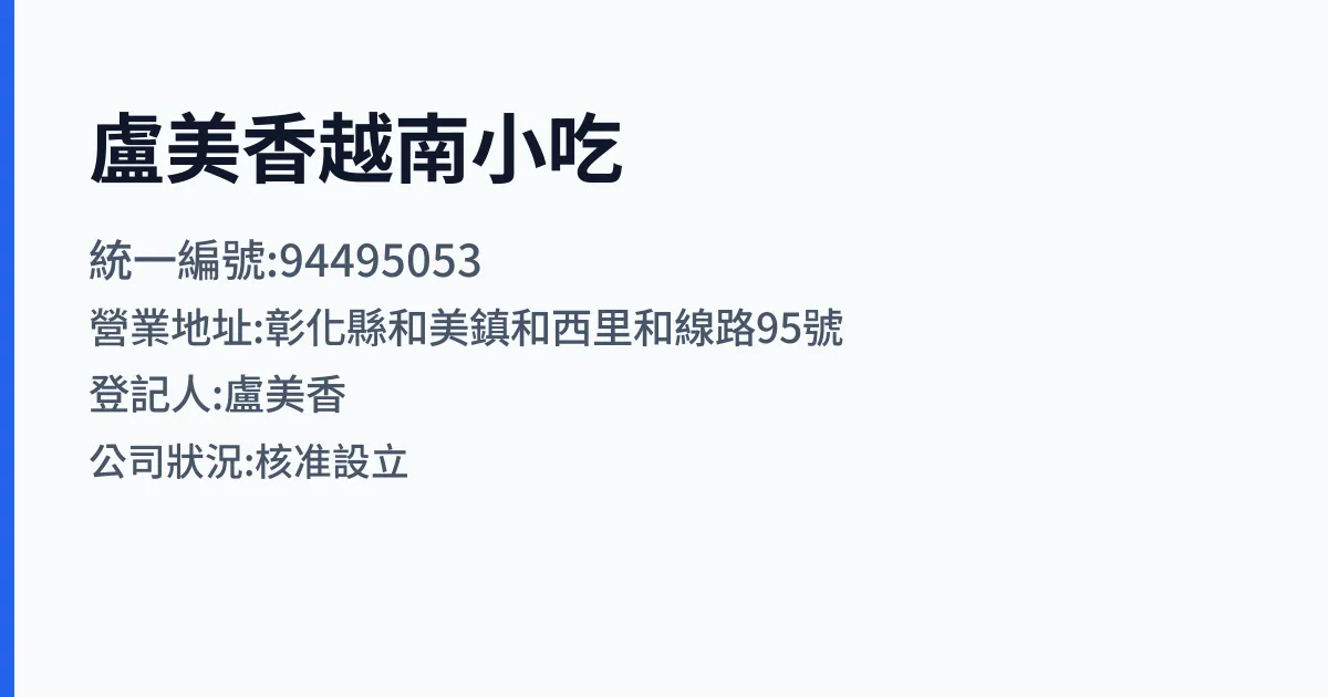 盧美香越南小吃 - 統編 94495053（彰化縣） 公司登記資料與營業項目詳細圖表
