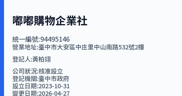 嘟嘟購物企業社的照片-統編 94495146(臺中市) 公司登記資料與營業項目詳細圖表
