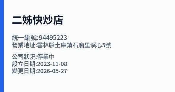 二姊快炒店的照片-統編 94495223(雲林縣) 公司登記資料與營業項目詳細圖表