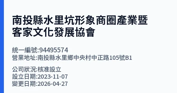南投縣水里坑形象商圈產業暨客家文化發展協會的照片-統編 94495574(南投縣) 公司登記資料與營業項目詳細圖表