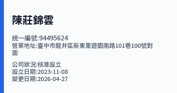 陳莊錦雲的照片-統編 94495624(臺中市) 公司登記資料與營業項目詳細圖表