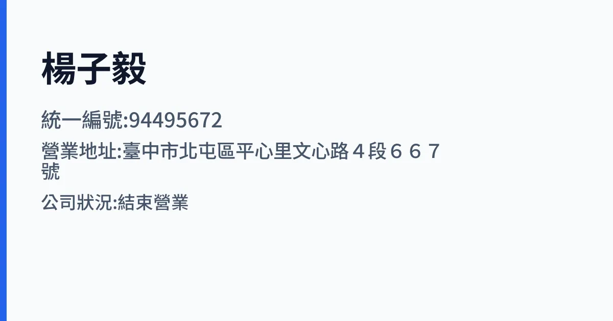 楊子毅 - 統編 94495672(臺中市) 公司登記資料與營業項目詳細圖表