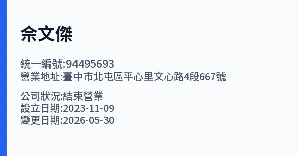 佘文傑的照片-統編 94495693(臺中市) 公司登記資料與營業項目詳細圖表