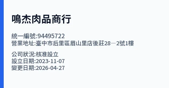 鳴杰肉品商行的照片-統編 94495722(臺中市) 公司登記資料與營業項目詳細圖表